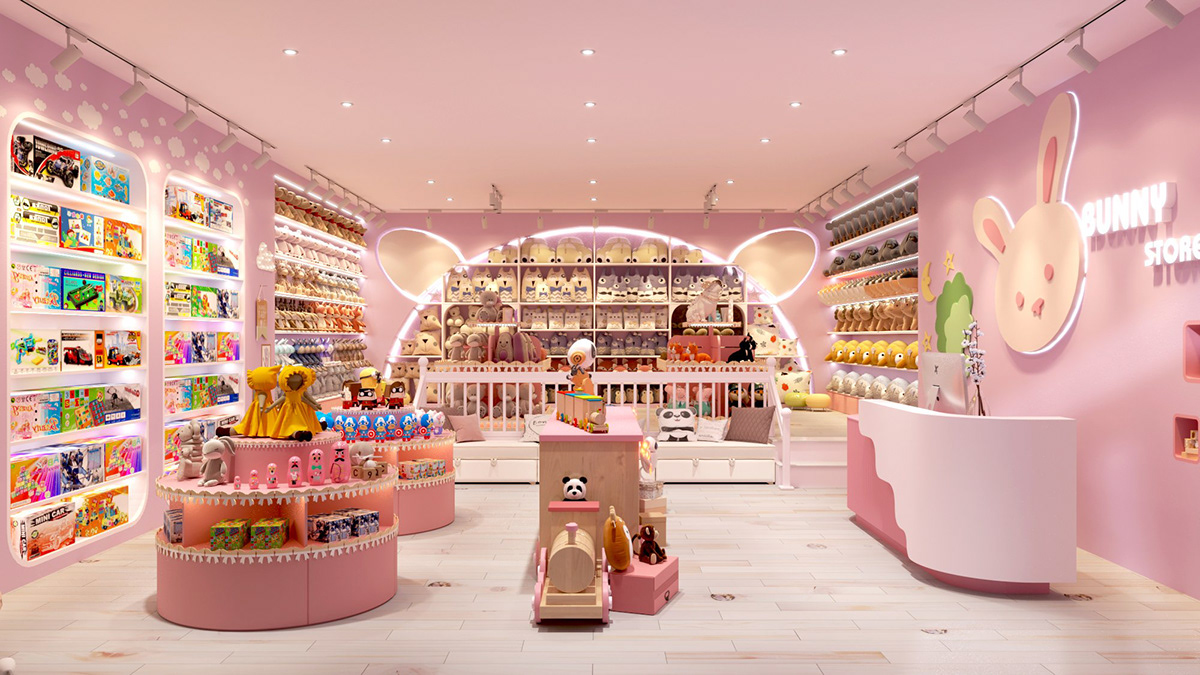 Pink cute toy store interior design furniture layout